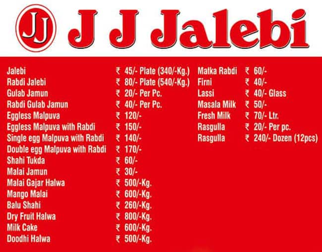 Menu of J.J Jalebi, Kurla, Mumbai