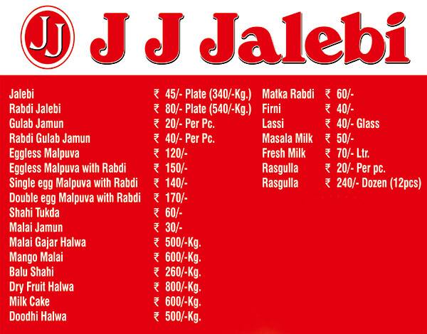 Menu at J.J.Jalebi, Mumbai, Lal Bahadur Shastri Marg