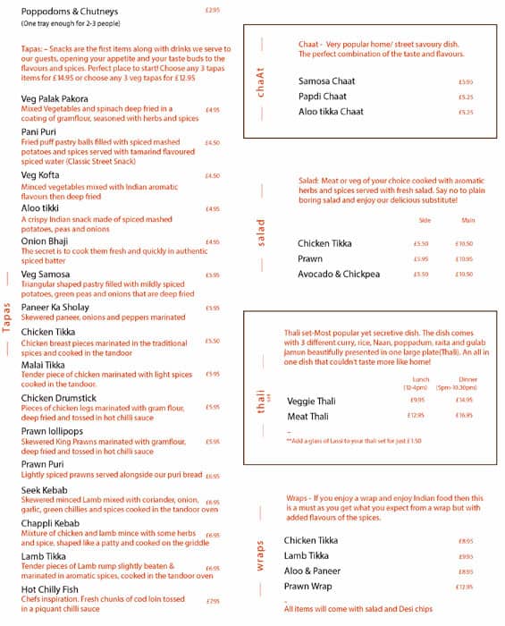 Menu at Lagan Indian Tapas restaurant, Nottingham