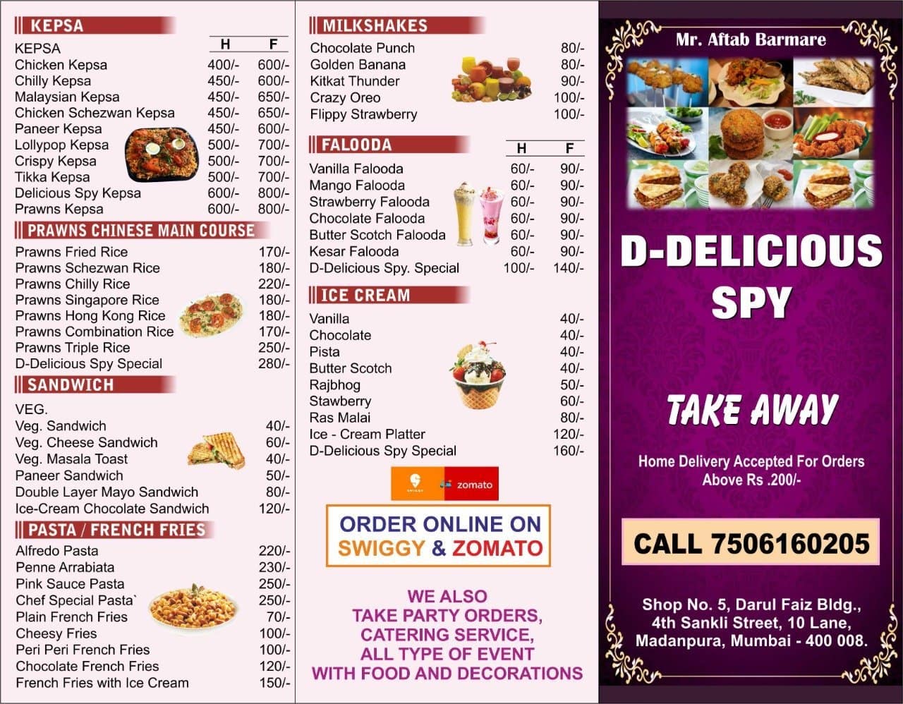 Menu of D-Delicious Spy, Byculla, Mumbai