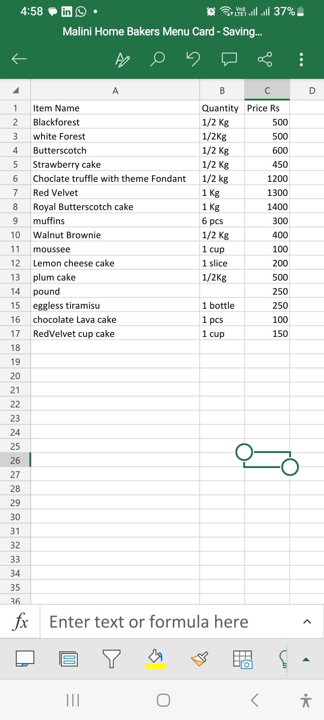 Menu of Malini Home Bakers, Triplicane, Chennai