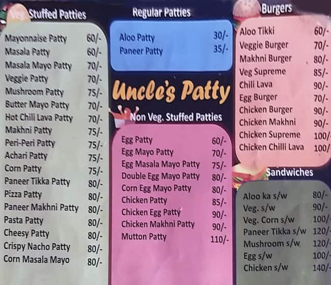 Menu of Uncle's Patty, Alpha 1, Greater Noida