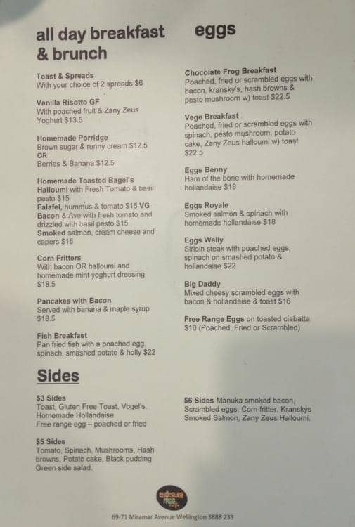 Menu at Chocolate Frog Cafe, Wellington