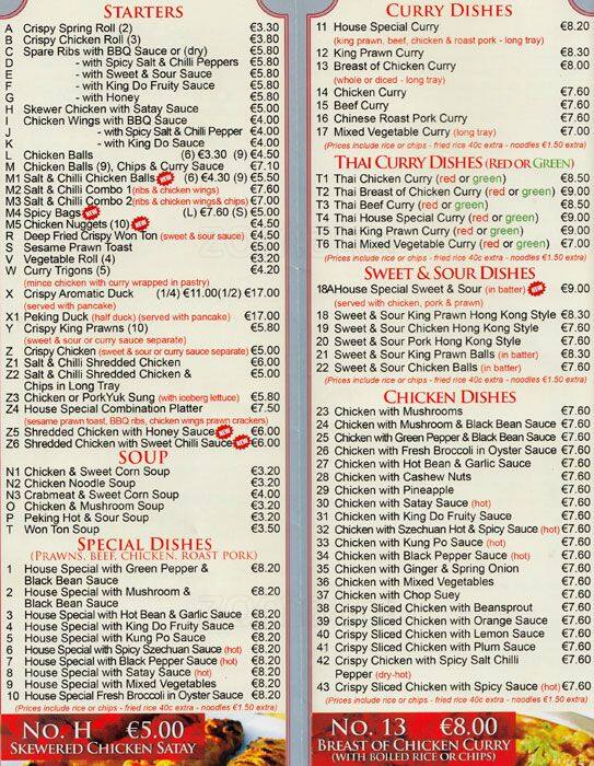 Menu at Millennium 2, Dublin