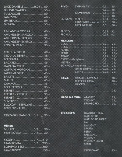 Menu at Pluto pub & bar, Prague