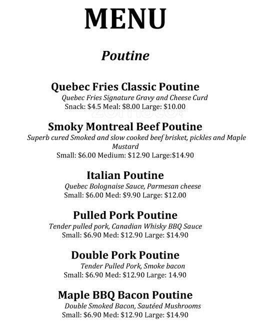 Menu at Quebec Fries fast food, Adelaide