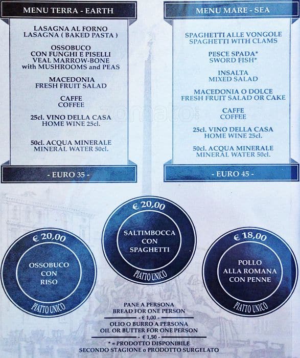 Menu at Ristorante Tucci, Rome