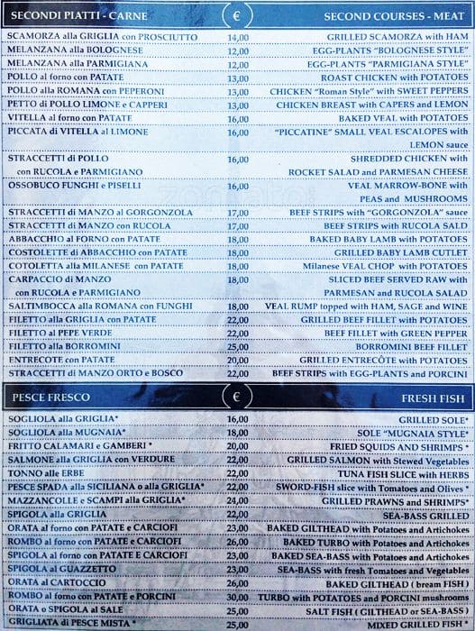 Menu at Ristorante Tucci, Rome