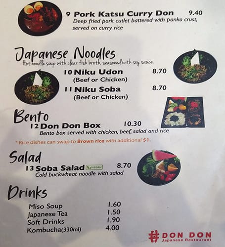 Menu at Don Tojo restaurant, Melbourne, 164 Cardigan St