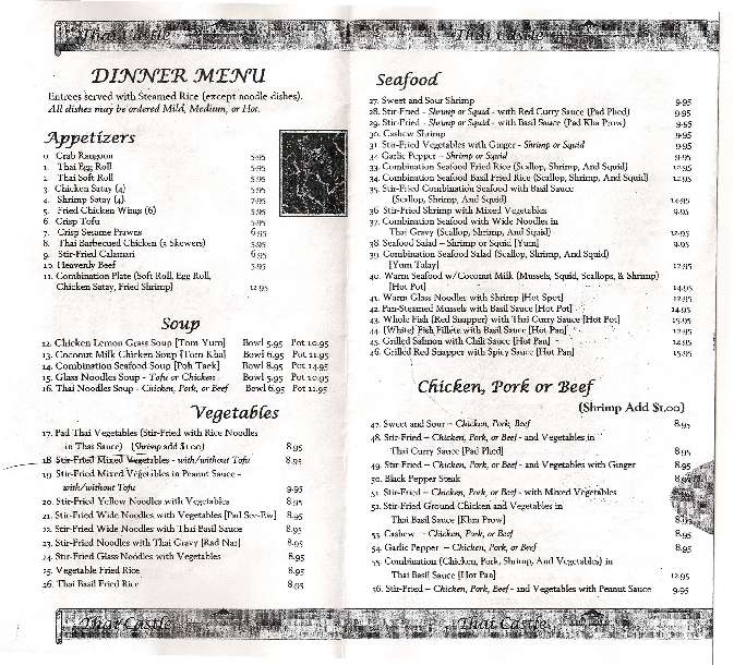 Menu at Thai Castle restaurant, Carmel