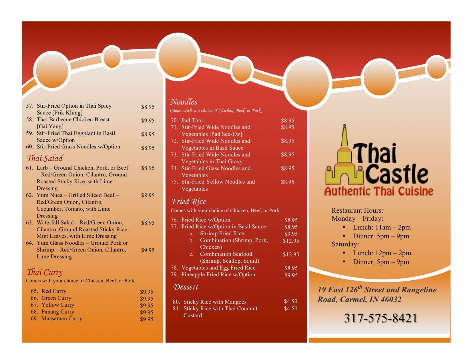 Menu at Thai Castle restaurant, Carmel