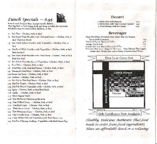 Menu at Thai Castle restaurant, Carmel