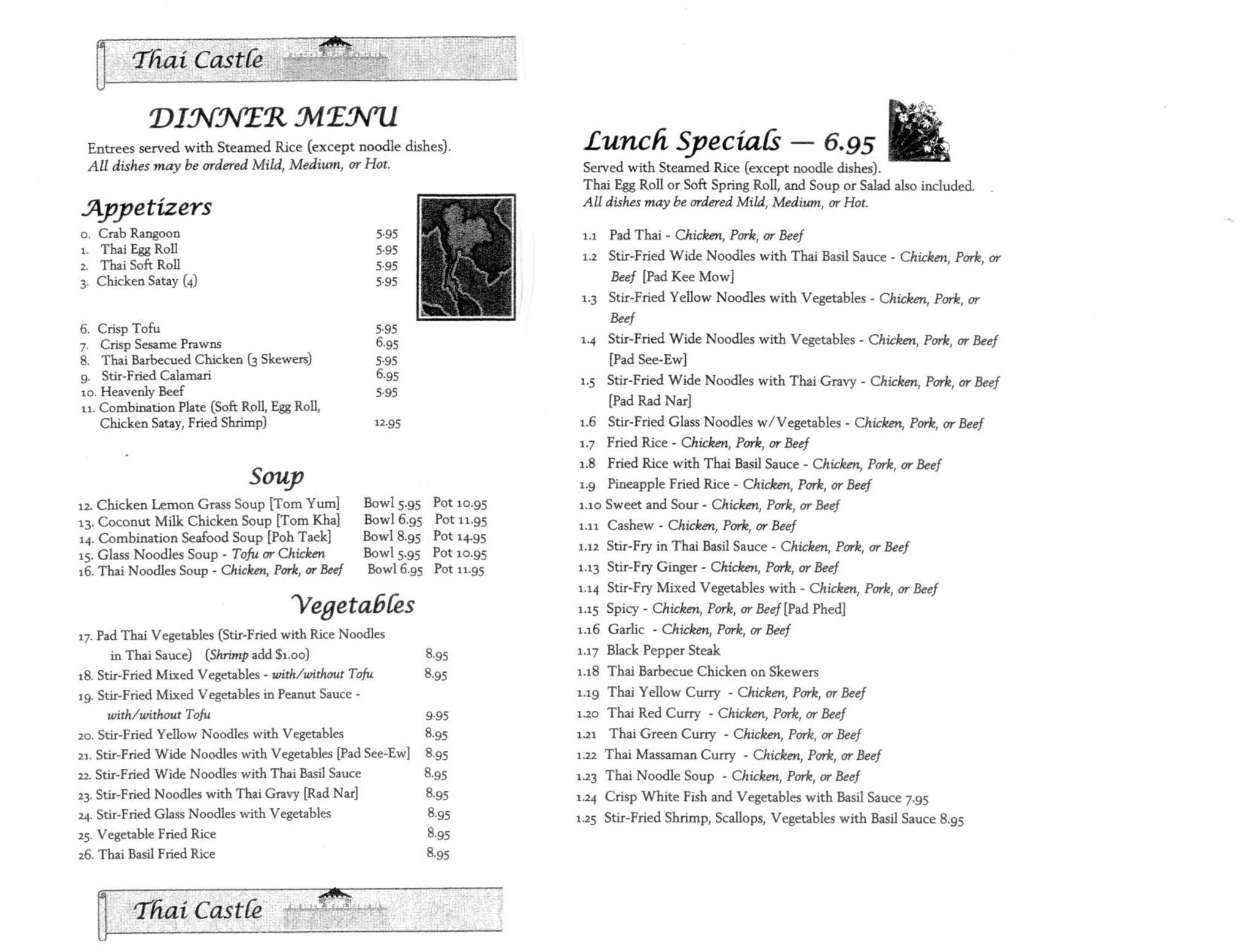 Menu at Thai Castle restaurant, Carmel
