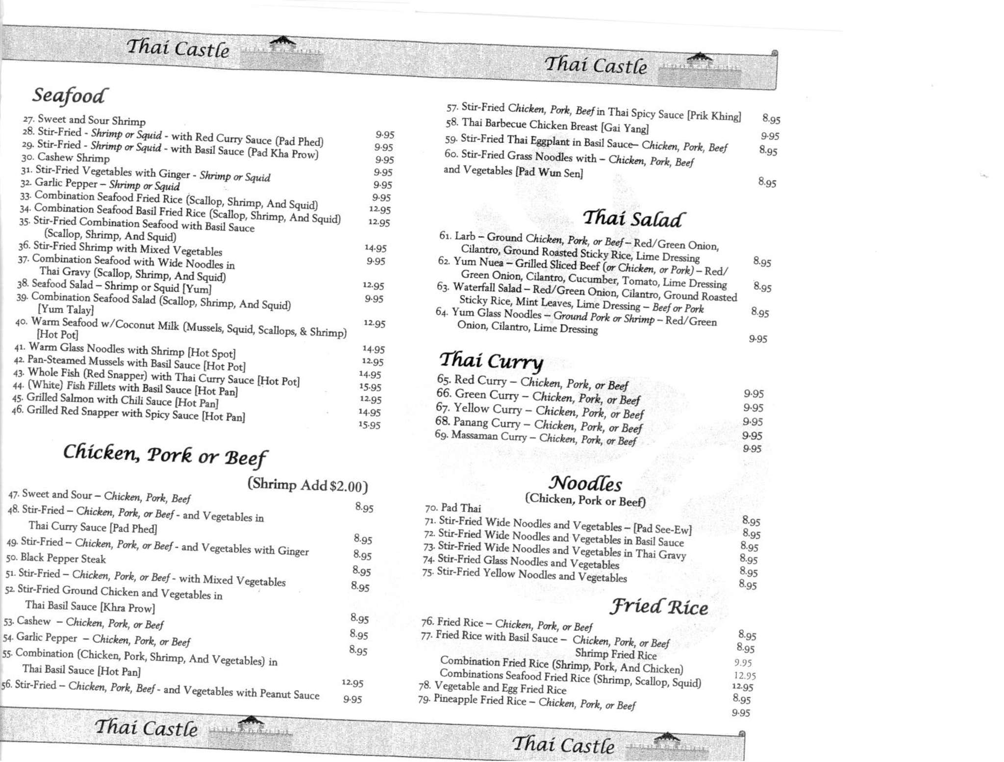 Menu at Thai Castle restaurant, Carmel