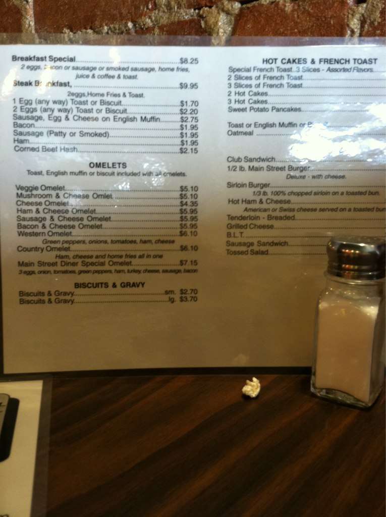 Menu at AJ's Main Street Diner restaurant, Richmond