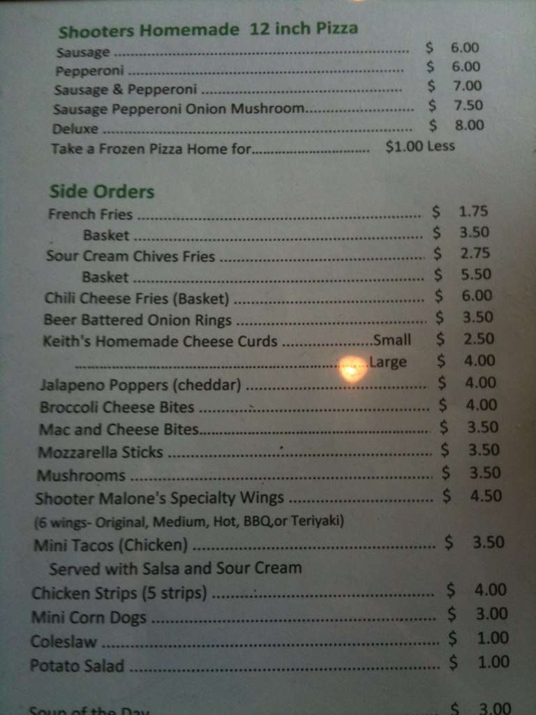 Menu at Shooter Malone's pub & bar, Manitowoc