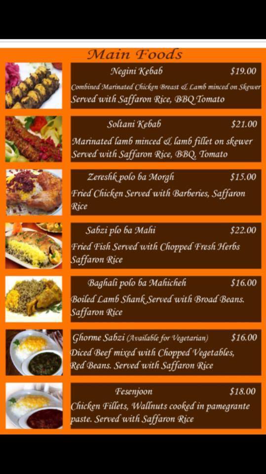 Menu at Torange Persian Cuisine cafe, Castle Hill