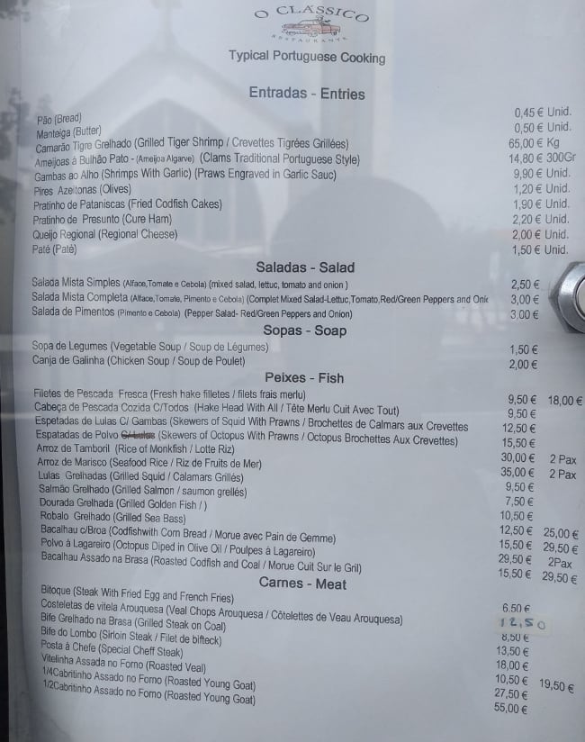 Menu at O Clássico restaurant, Matosinhos