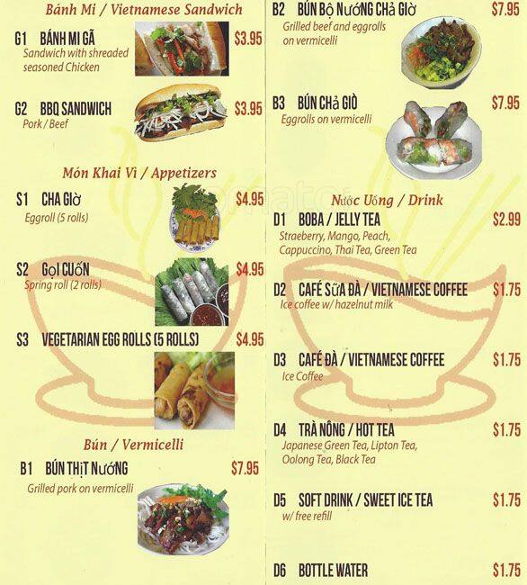 Menu at Pho Cam restaurant, Irving