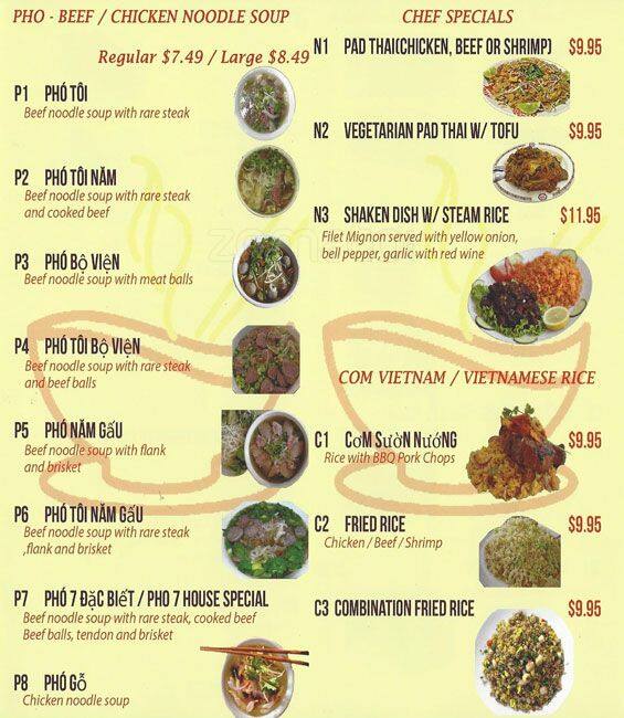 Menu at Pho Cam restaurant, Irving