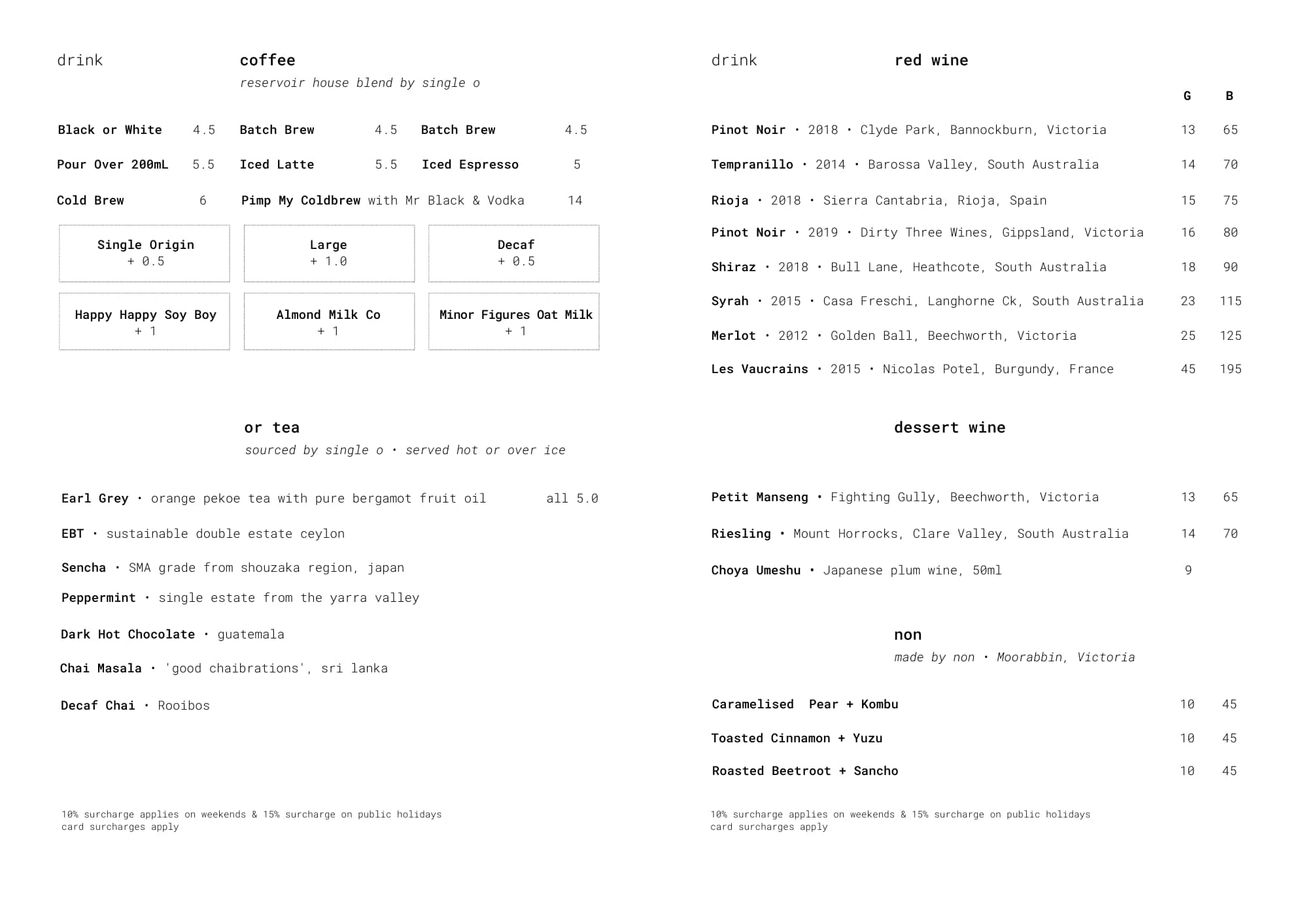 Carta del café Wynyard, South Melbourne