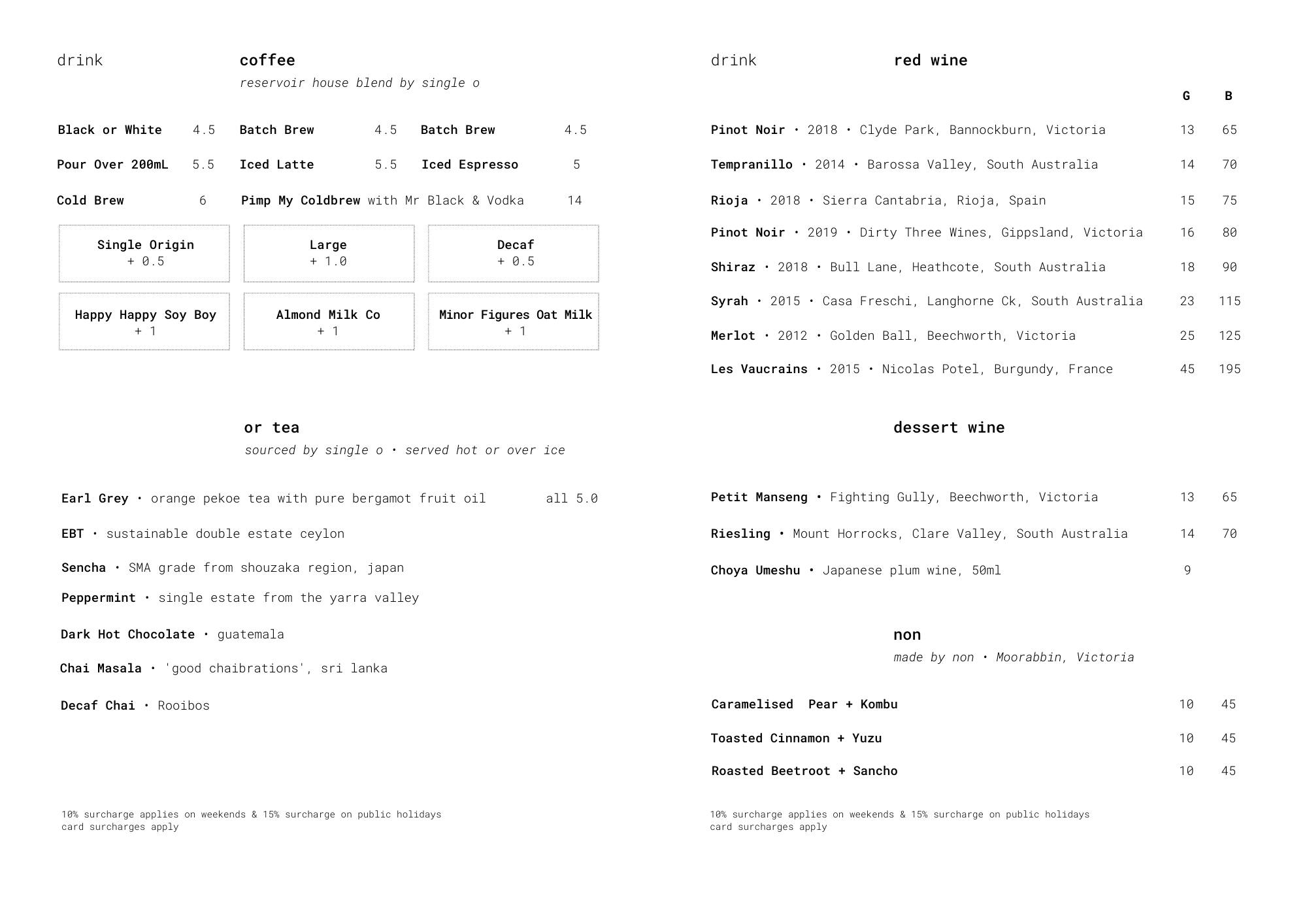 Carta del café Wynyard, South Melbourne