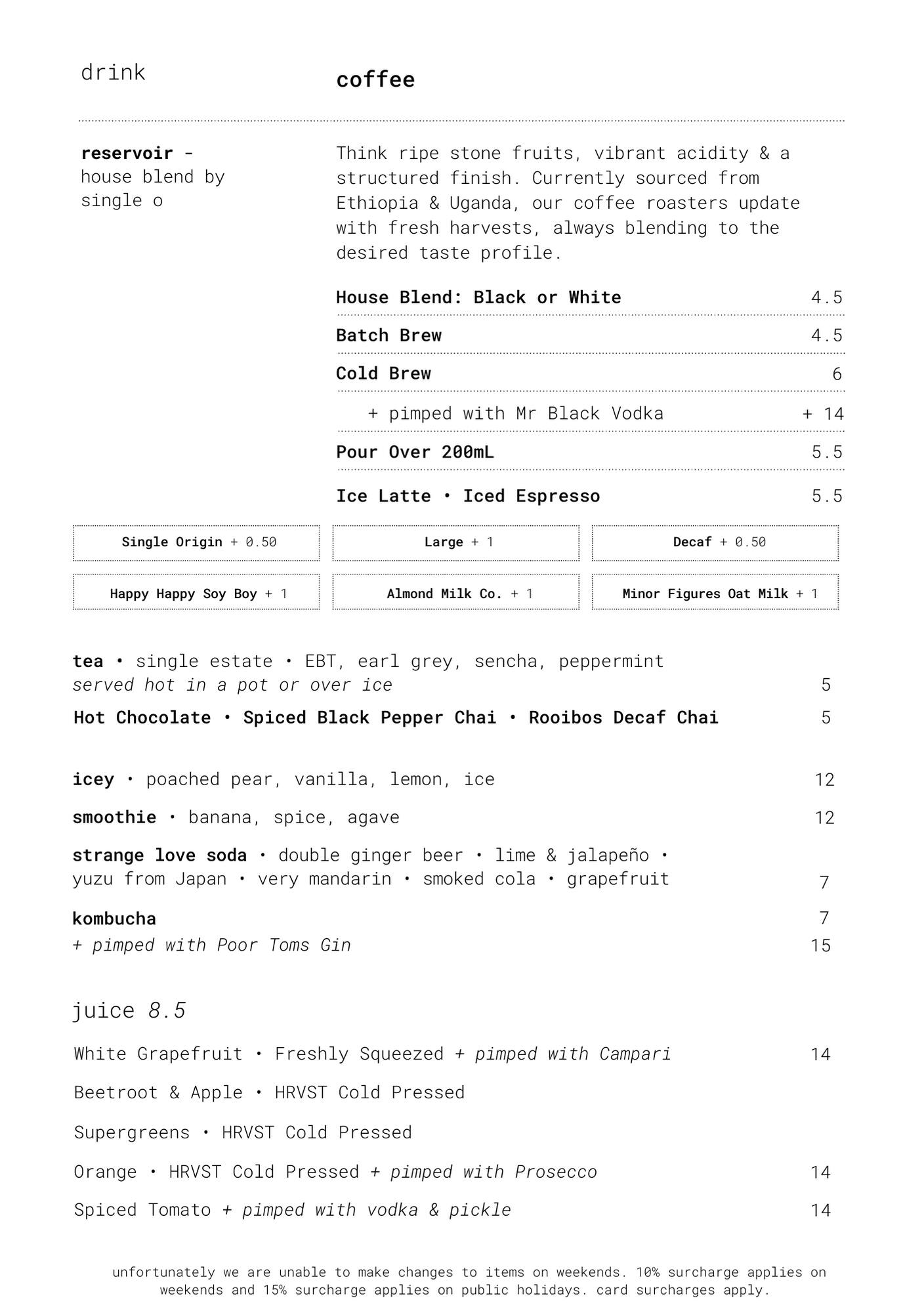 Carta del café Wynyard, South Melbourne