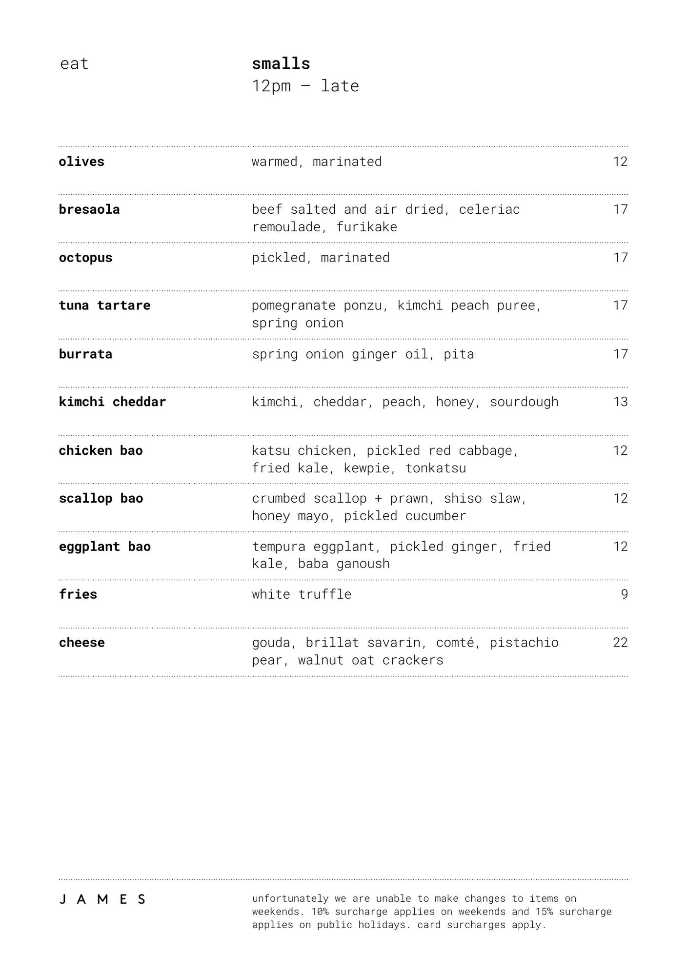 Carta del café Wynyard, South Melbourne