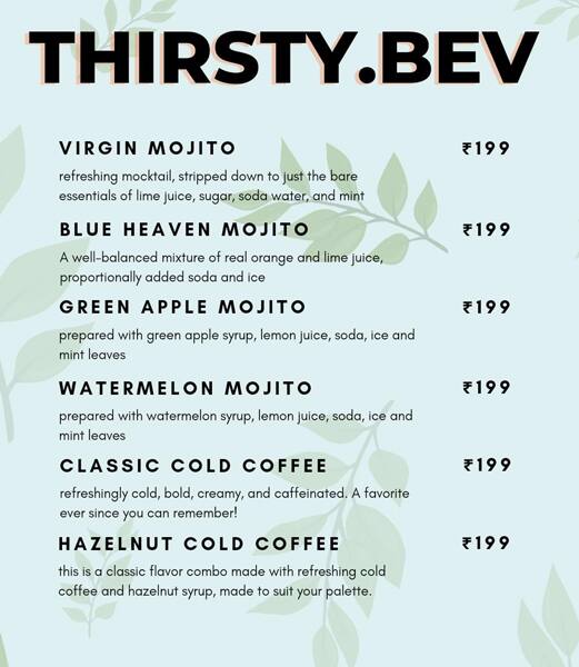 Menu of Thirsty Bev, Kirti Nagar, New Delhi