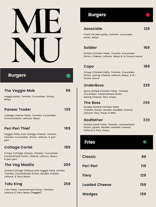 Menu of Burger Maafia, Gandhi Nagar, Jammu