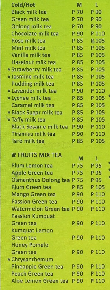 Menu at The Tea cafe, Quezon City