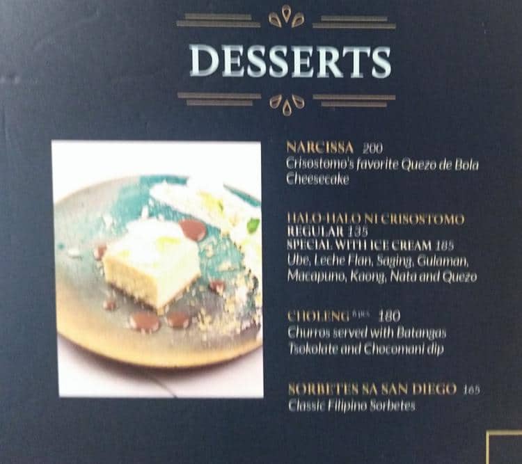 Menu at Crisostomo restaurant, Parañaque