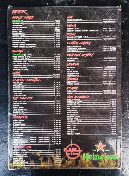 Menu at Flare pub & bar, Pasig, Unit 3 & 4
