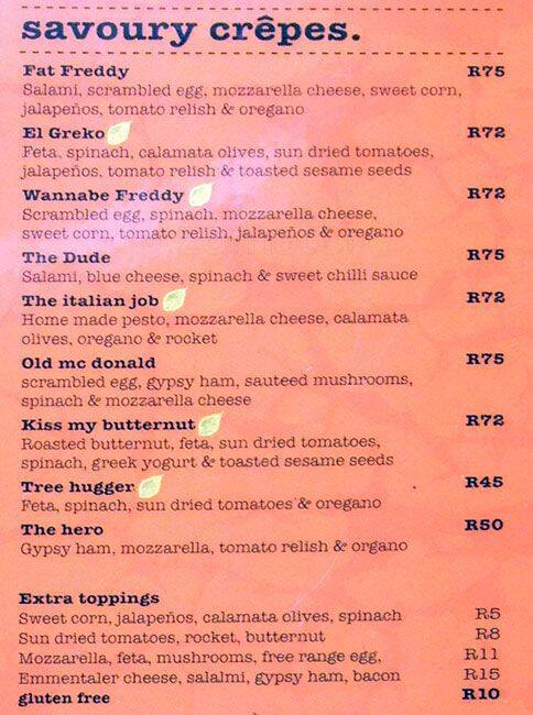 Menu at Ta Da! restaurant, Cape Town, 37 Victoria Ave