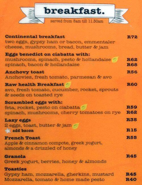 Menu at Ta Da! restaurant, Cape Town, 37 Victoria Ave