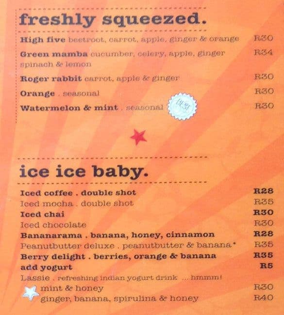 Menu at Ta Da! restaurant, Cape Town, 37 Victoria Ave