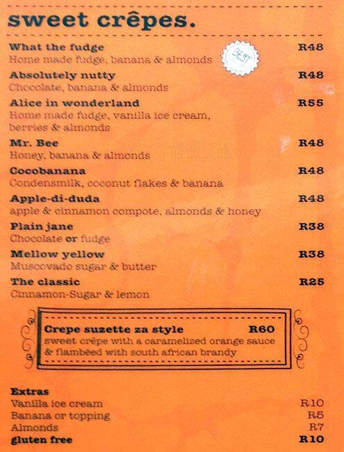 Menu at Ta Da! restaurant, Cape Town, 37 Victoria Ave