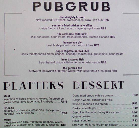 Menu at Thirsty Scarecrow pub & bar, Stellenbosch