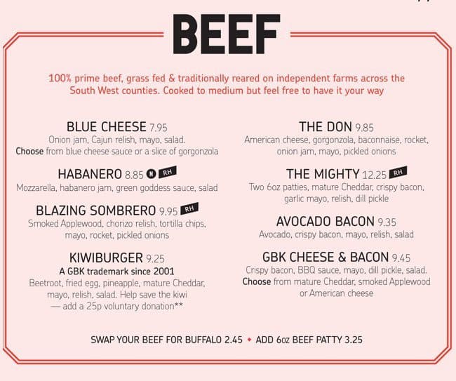 Menu at Gourmet Burger Kitchen restaurant, Birmingham, Burger Burger ...