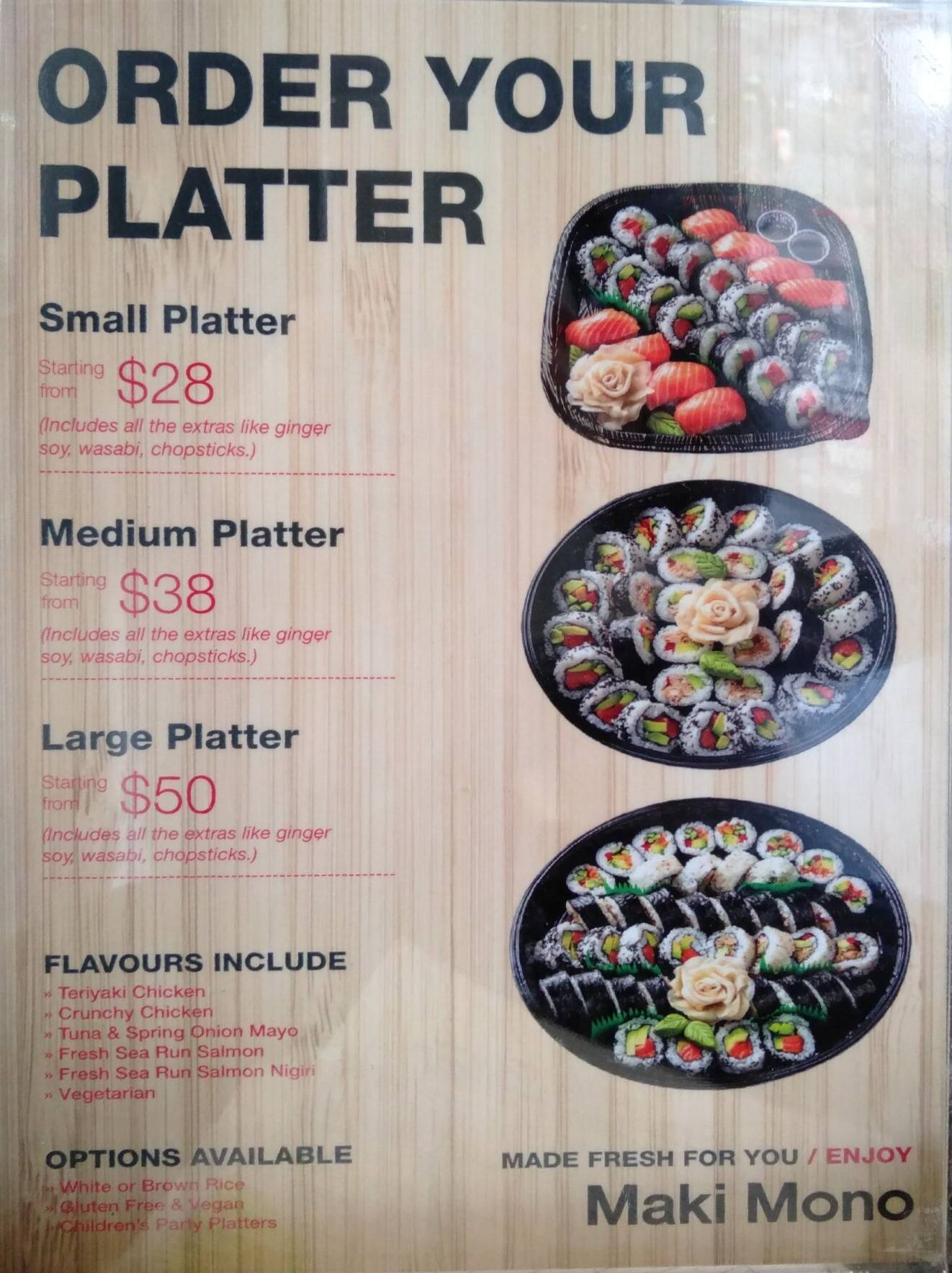 Menu at Maki mono restaurant, Auckland, Don McKinnon Dr