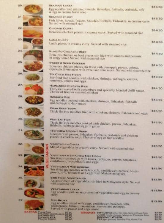 Menu at KK Malaysian Restaurant, Wellington