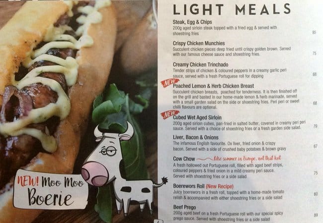 Menu au Moo Moo restaurant à viande, Pretoria, Cnr Atterbury & Lois ave