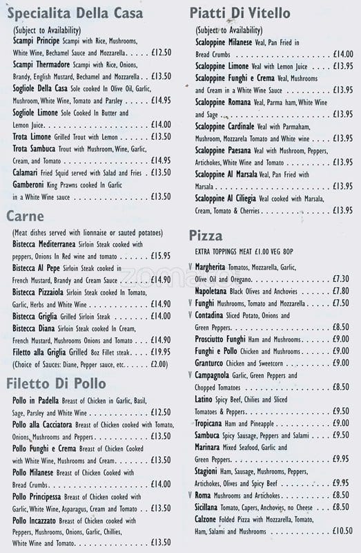 Menu at Sambuca Italian Restaurant, Edinburgh
