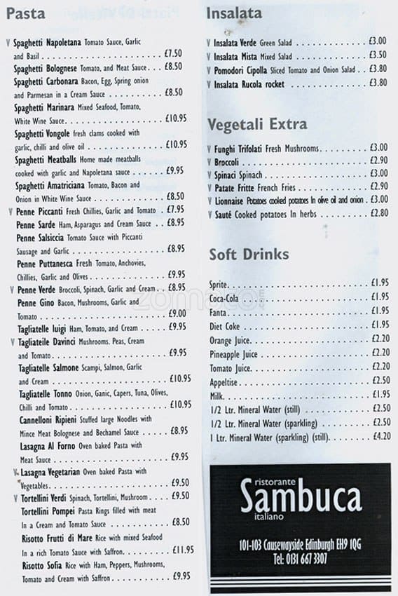 Menu at Sambuca Italian Restaurant, Edinburgh
