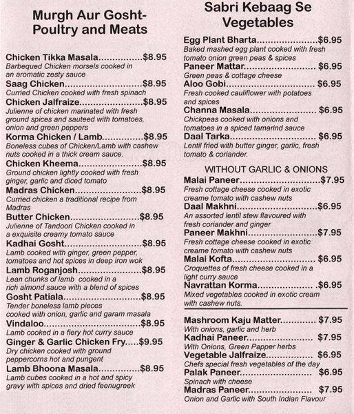 Menu at Tanjore restaurant, Toronto
