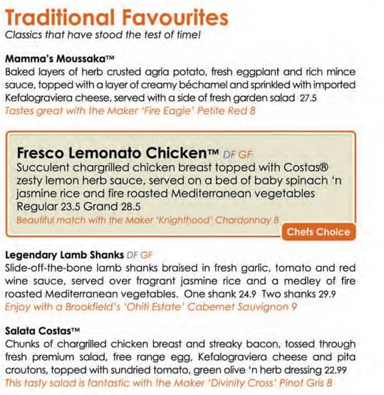 Menu at Costas Taverna Greek Restaurant and Ouzo Bar, Christchurch