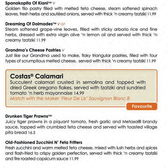 Menu at Costas Taverna Greek Restaurant and Ouzo Bar, Christchurch