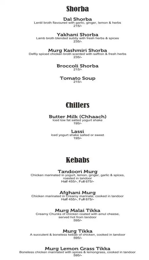 Menu of Lazeez Affaire, Chanakyapuri, New Delhi