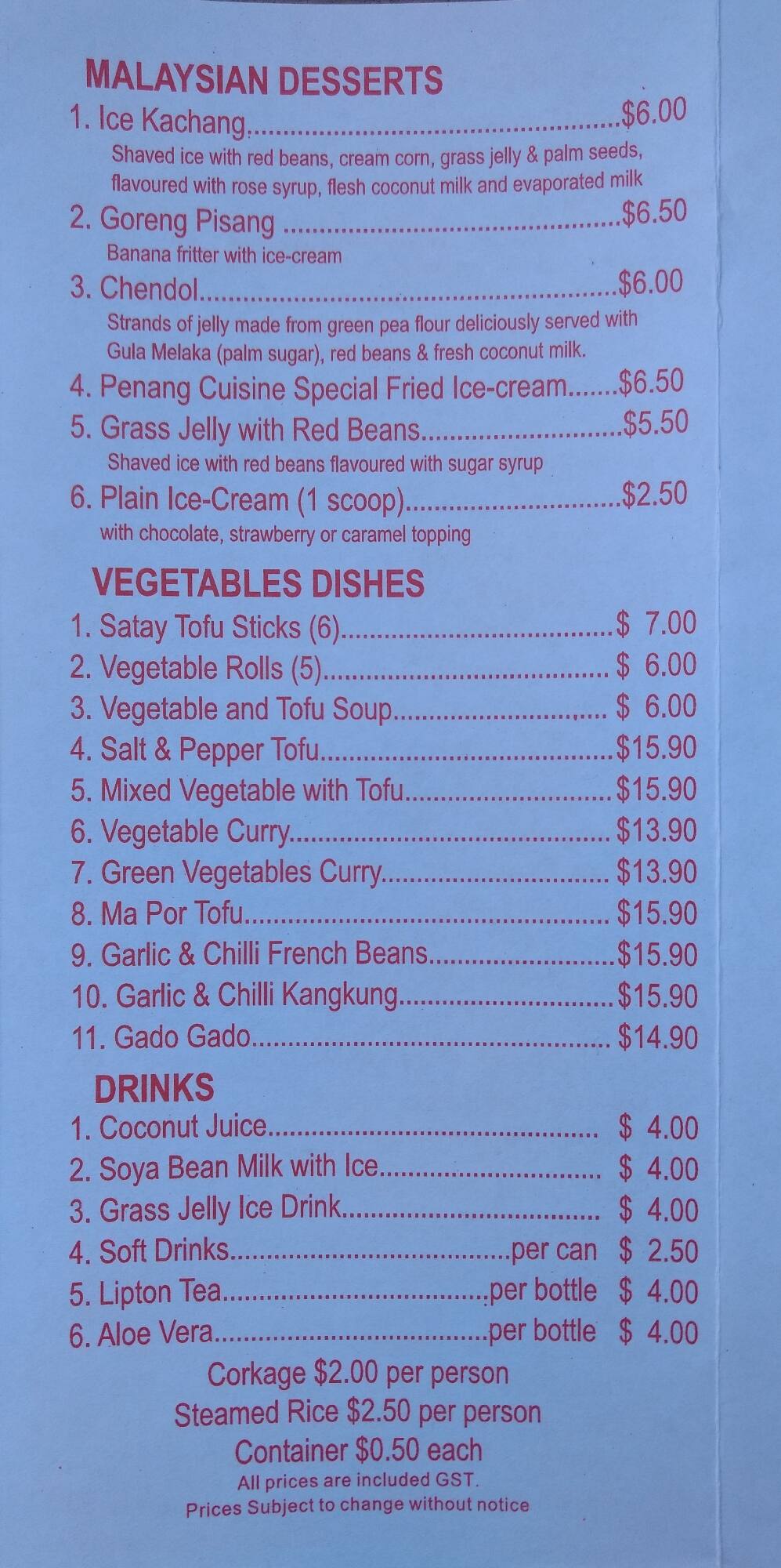 Menu at Penang Cuisine Epping restaurant, Epping