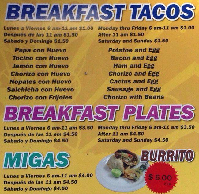 Menu at Matamoros Tacos restaurant, Austin
